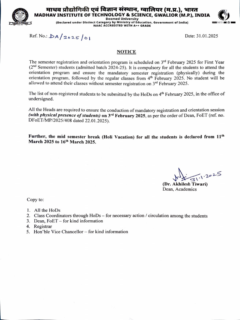 Semester Registration Notice for 2025 | PDF