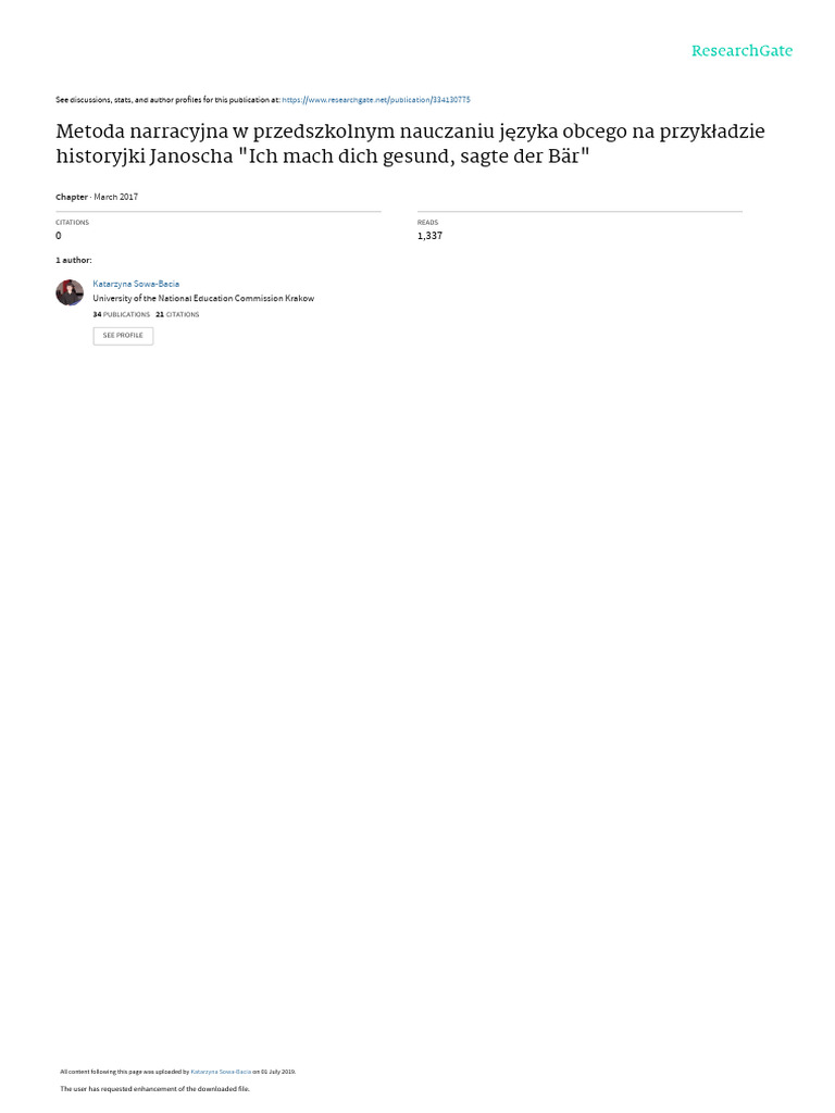 Metoda Narracyjna W Przedszkolnym Nauczaniu Jezyka Obcego Na Przykladzie Historyjki Janoscha Ich ...