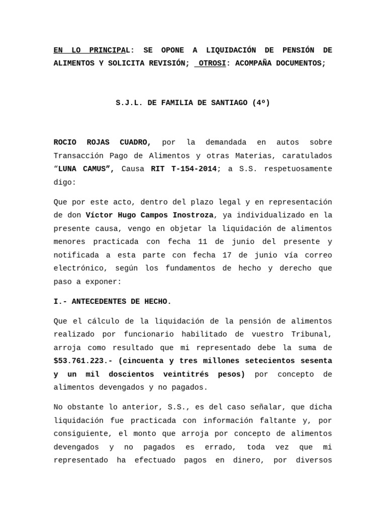 Objeta Liquidación Campos Luna | PDF | Pensión alimenticia | Bancario