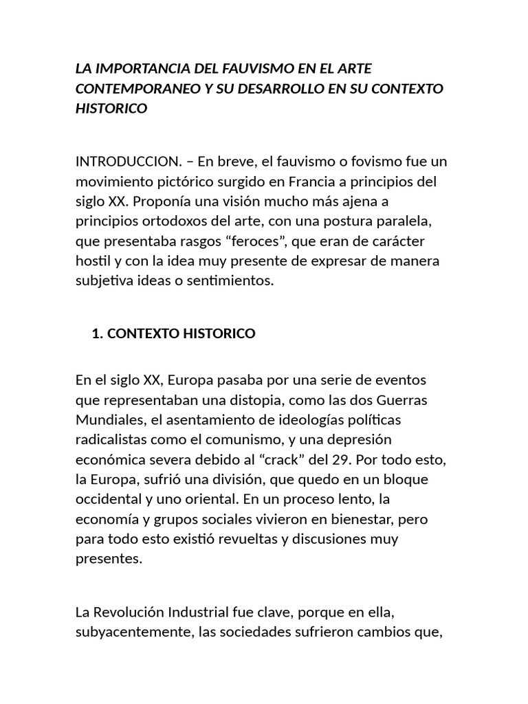 La Importancia Del Fauvismo en El Arte Contemporaneo y Su Desarrollo en Su Contexto Historico ...