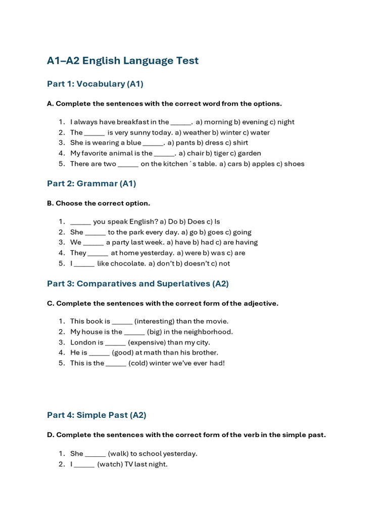 A1 A2 English Language Test | PDF | English Language | Linguistic ...