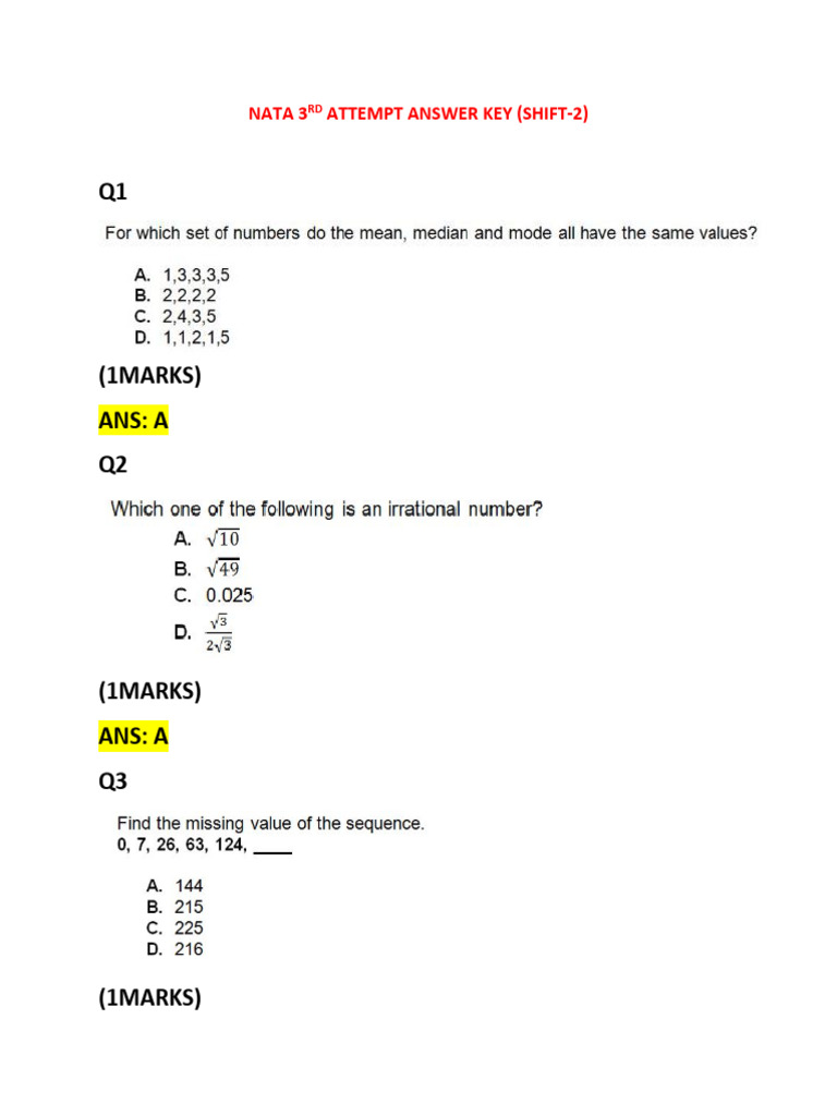 Nata 3RD Attempt Answer Key (2ND Shift) | PDF