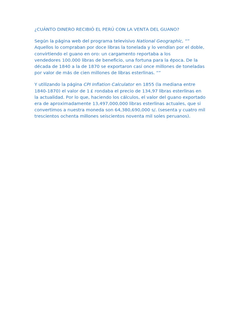 Cuánto Dinero Recibió El Perú Con La Venta Del Guano | PDF