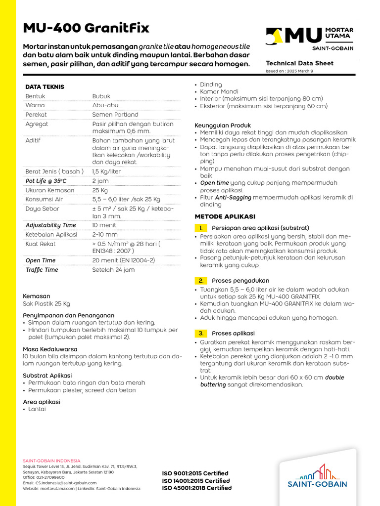 Kegunaan dan Daya Sebar MU-400 GranitFix | PDF