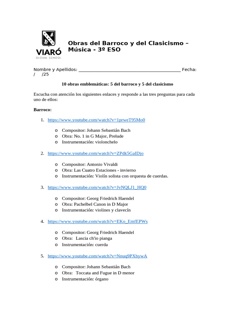 4396 8283 20250313 Exercici Obras Del Barroco y Clasicismo 3 ESO 2024 2025 1 | PDF