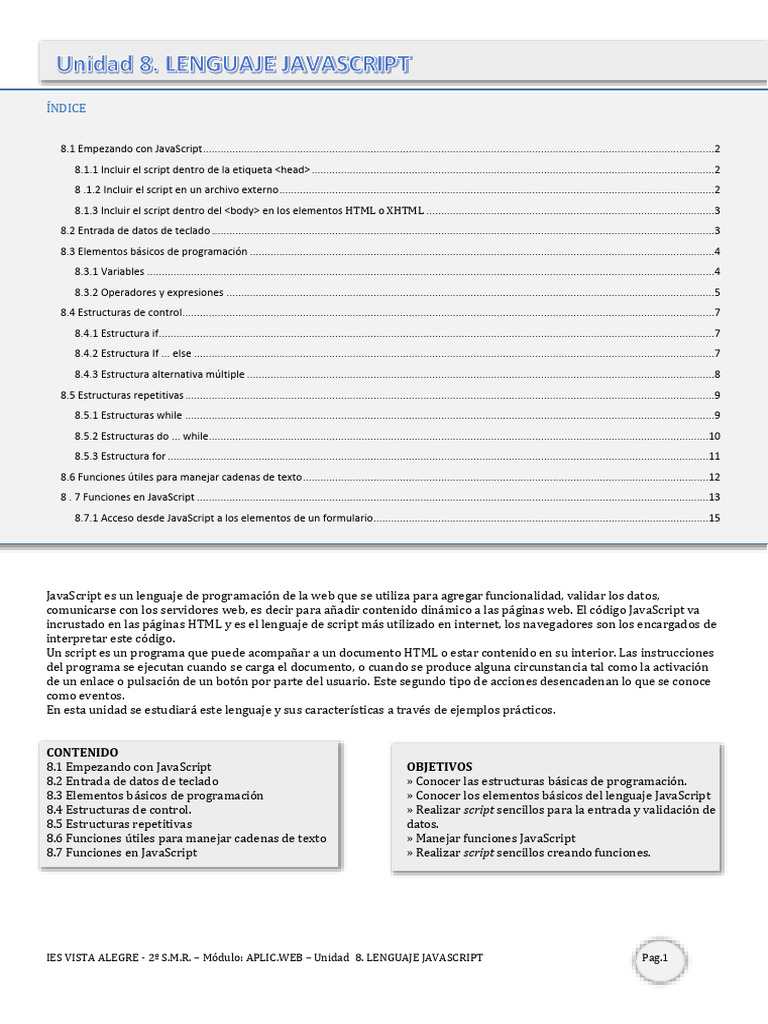 UNIDAD 8. LENGUAJE JAVASCRIPT - AULA | PDF | Script Java | Lenguaje de programación