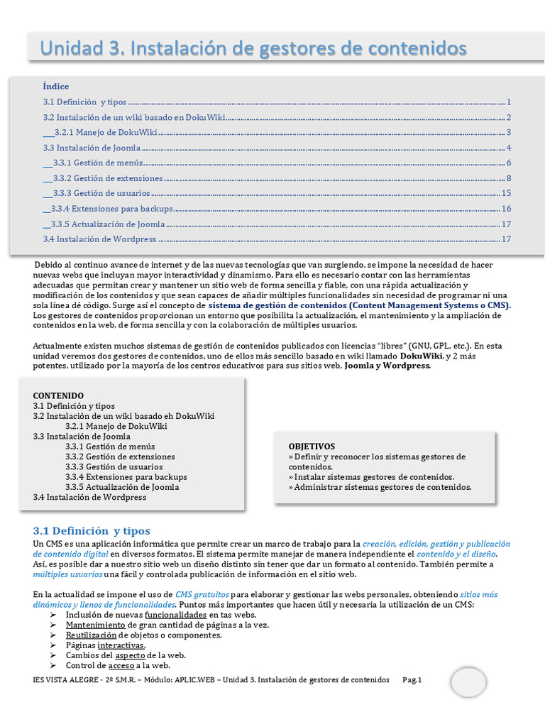 Unidad 3. Instalación de Gestores de Contenidos - Aula | PDF | Wiki | Mi sql