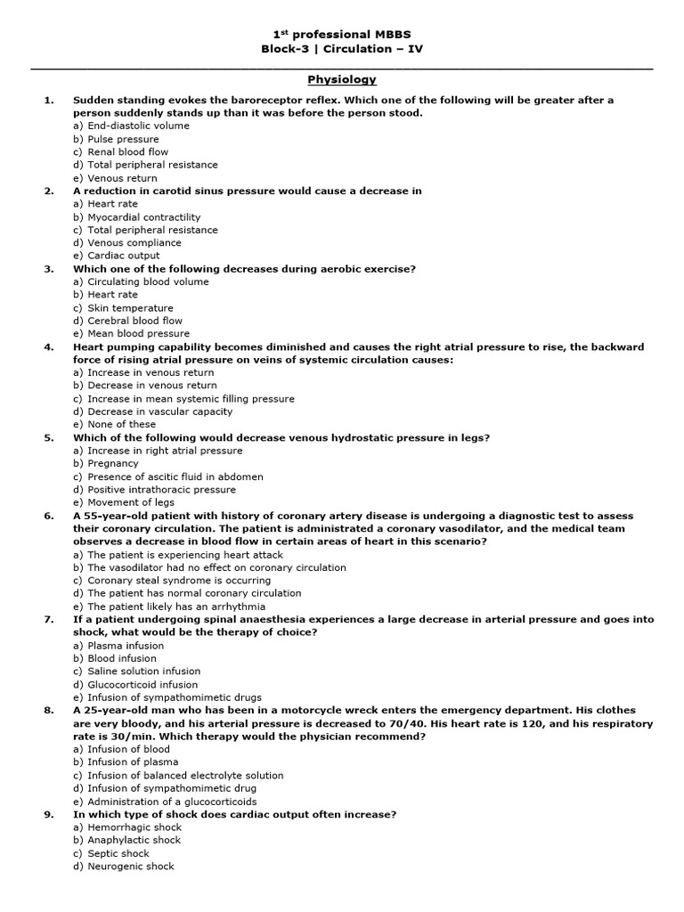 Physiology Block3 Mcqs With Key Circulation Part4 CVS 1st Year MBBS | PDF | Heart | Angiotensin