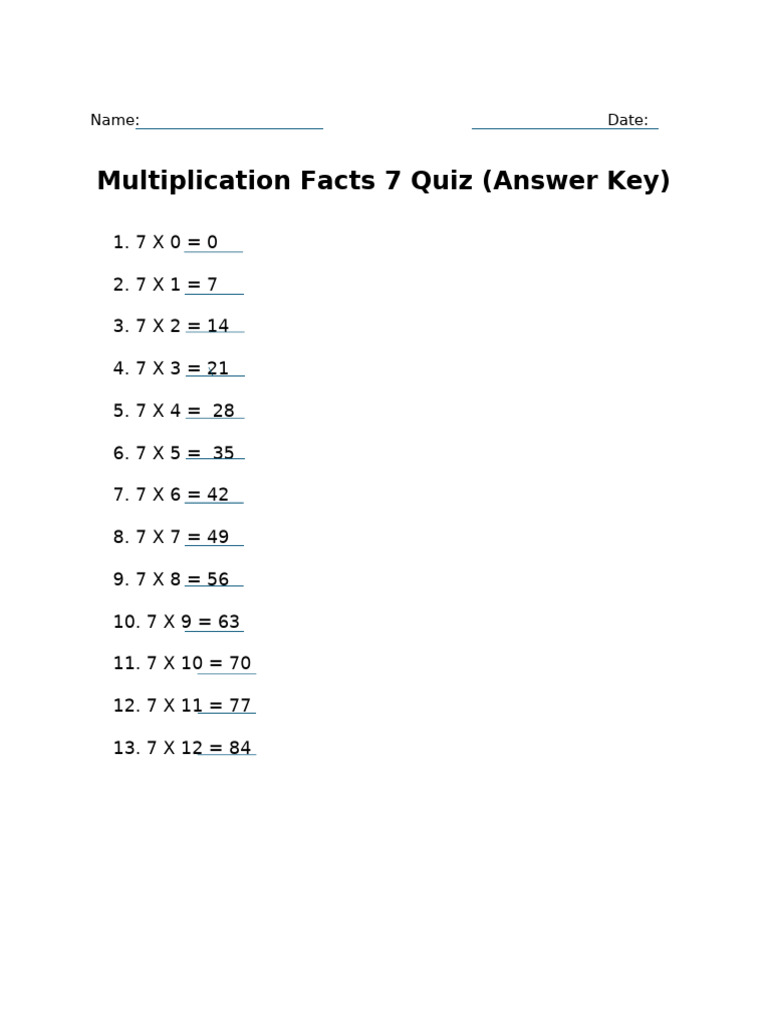 Multiplication Facts 7 Answer Key | PDF