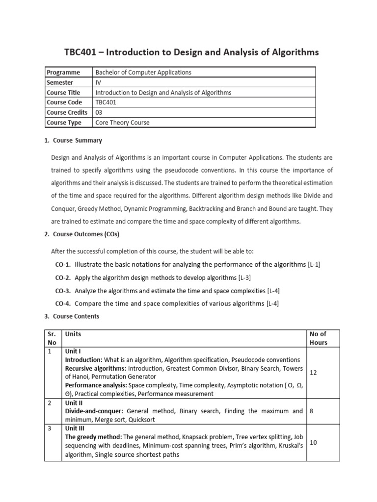 BCA - Sem4 - 23OBC401 - Introduction To Design and Analysis of Algorithms - BAPatil | PDF ...