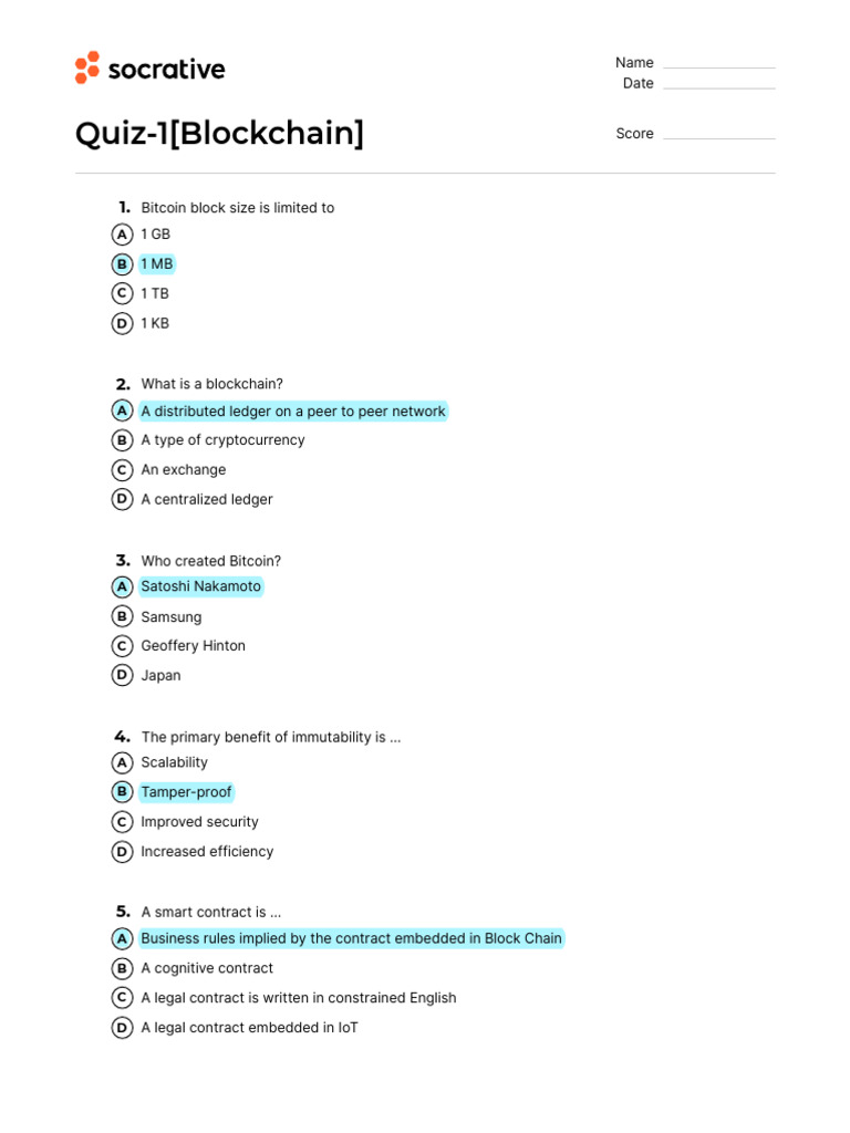 Quiz 1 (Blockchain) | PDF