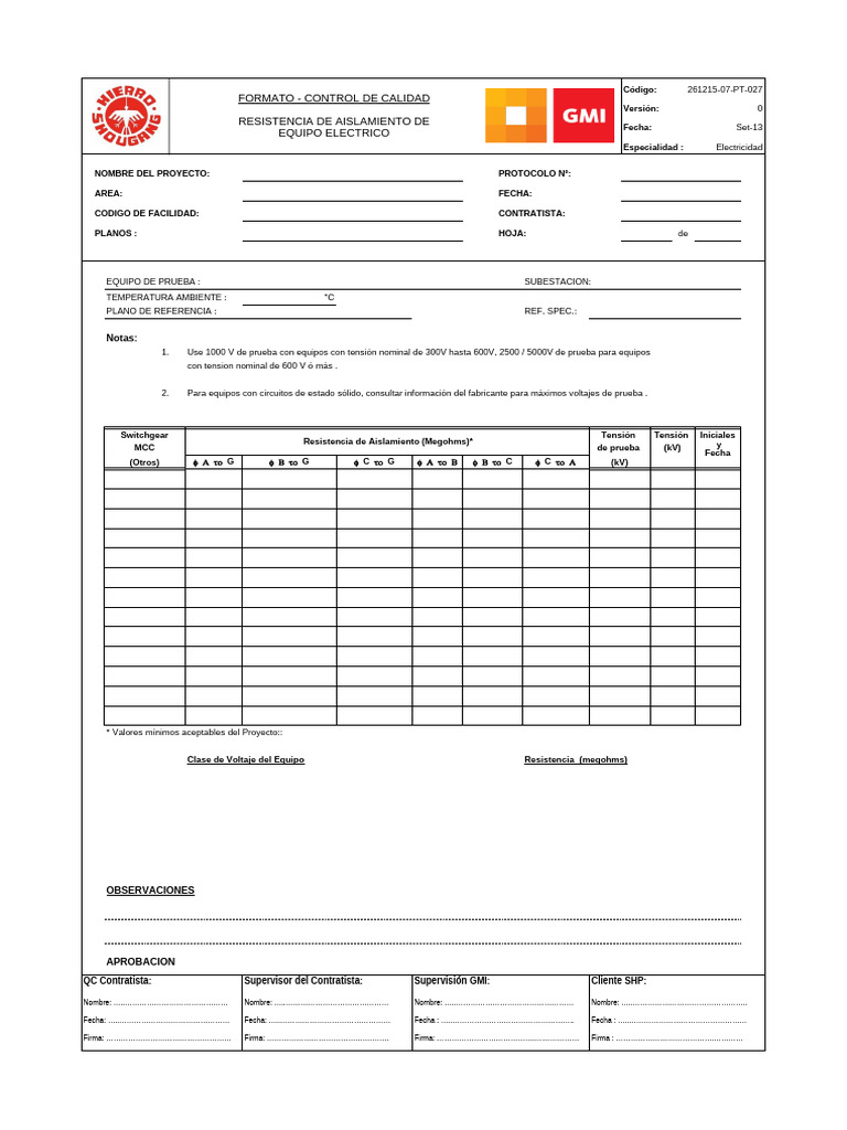 261215-07-PT-027 Resistencia de Aislamiento de Equipo Electrico | PDF | Electricidad ...
