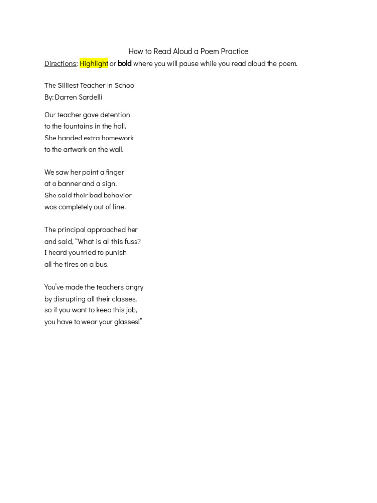 Ryan How To Read Aloud A Poem Practice | PDF