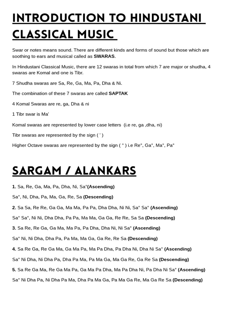 Introduction To Hindustani Classical Music: Swaras | PDF
