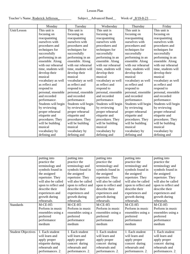 Lesson PLan Advanced Band Week 2 | PDF | Performing Arts | Elements Of ...