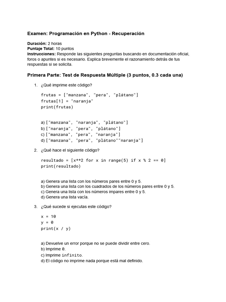 Recuperación - Examen - Programación - PYTHON | PDF | Python (lenguaje de programación ...