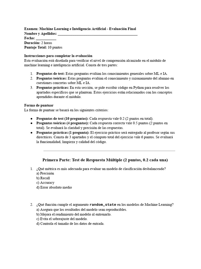 Examen Final de Machine Learning e IA | PDF | Inteligencia artificial ...