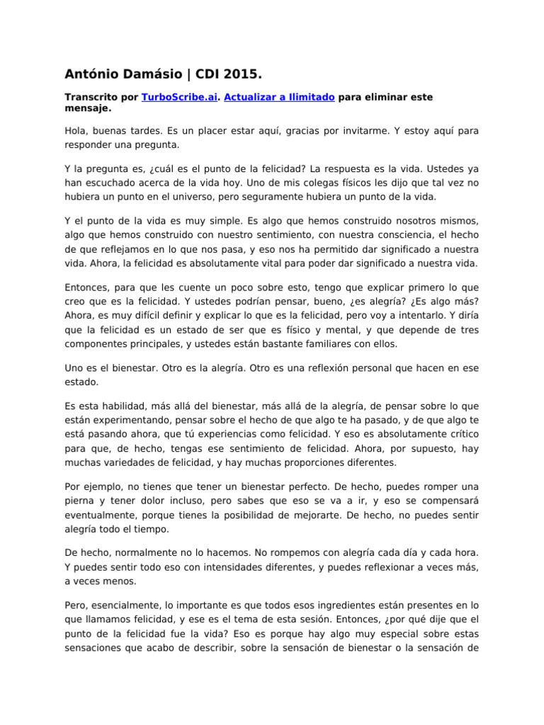 António Damásio - CDI 2015. | PDF | Felicidad | Mente