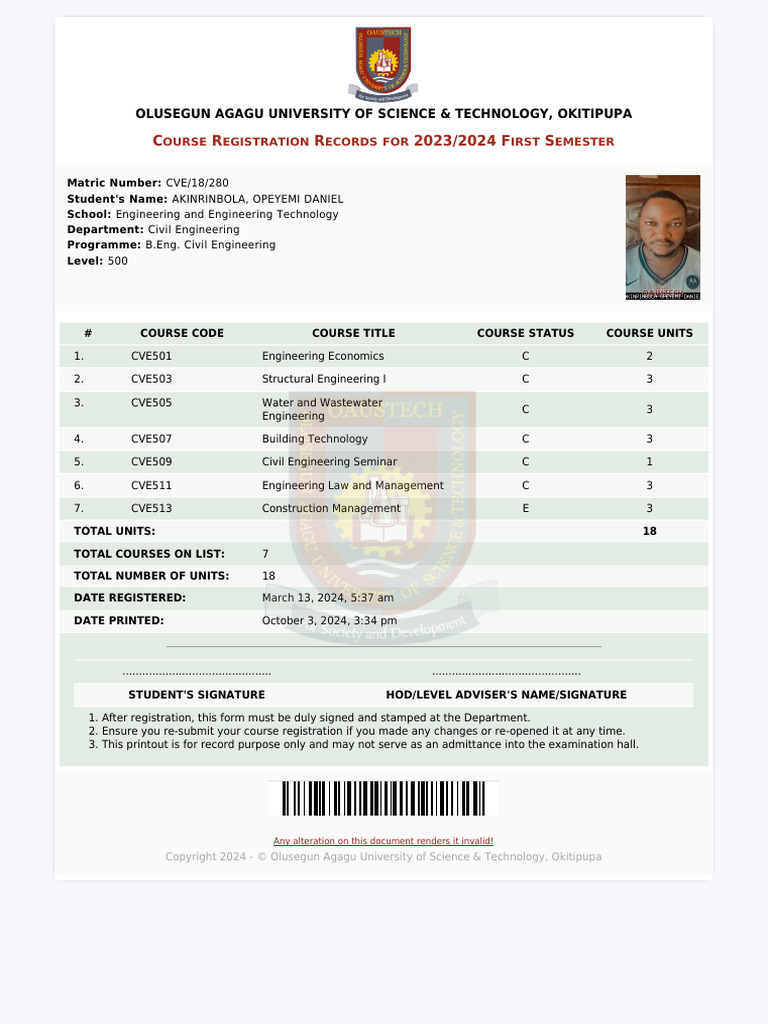 CVE-18-280 - 2023-2024 - First Semester Course Registration Form | PDF