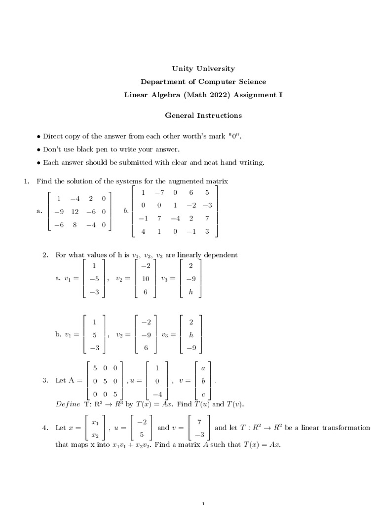 Assignment Linear Algebra | PDF | Mathematical Analysis | Geometry