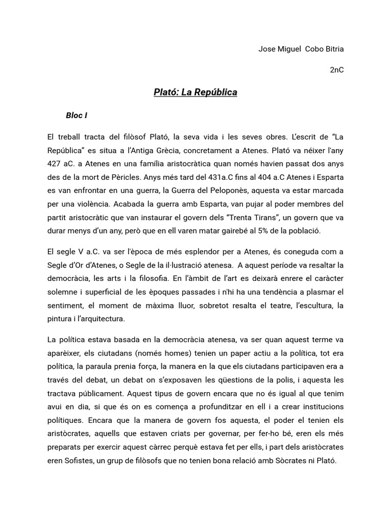 Treball Filosofia Plató JoseMiguel Cobo Bitria | PDF