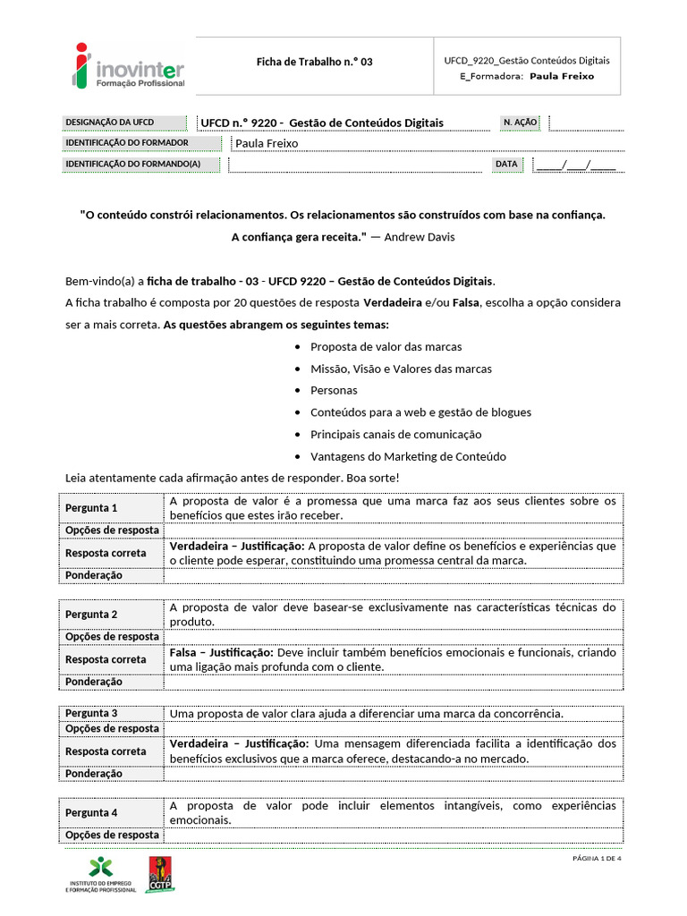Ficha Trabalho 03 - UFCD 9220 | PDF | Marca | SEO