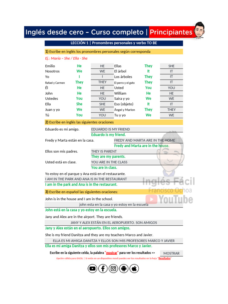 Pronombres y verbo TO BE en español | PDF