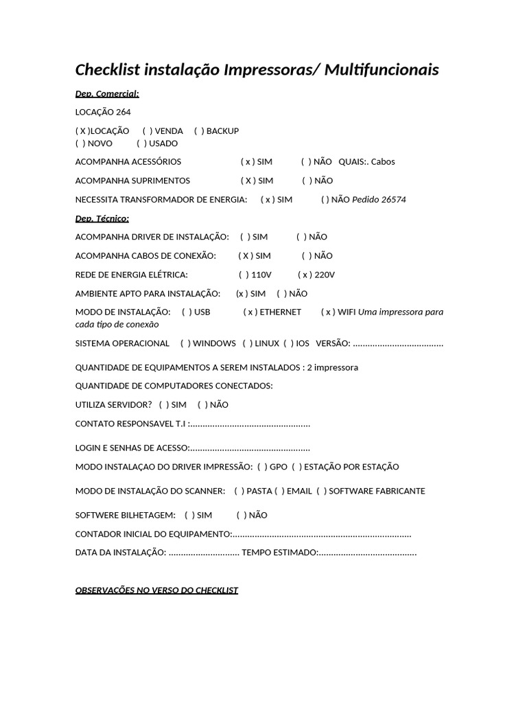 CHECKLIST INSTALAÇÃO IMPRESSORAS | PDF | Servidor (informática) | Rede ...