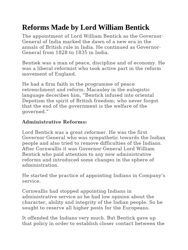 Lord William Bentick and His Reforms | PDF | Government | Justice