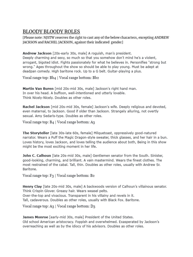 NJSTW24 Bloody Bloody Character Breakdown | PDF | Andrew Jackson