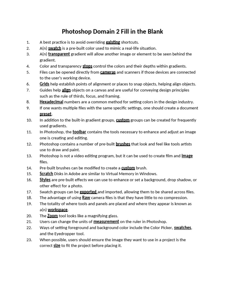 Photoshop Domain 2: Fill-in-the-Blank Guide | PDF