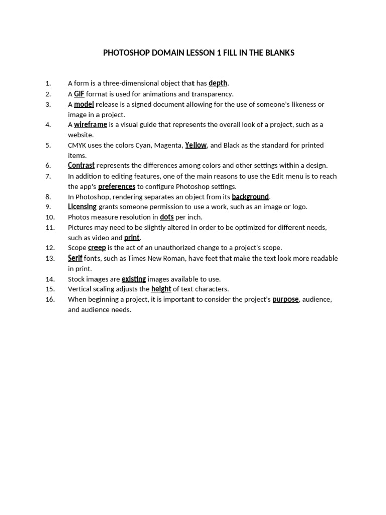 Photoshop Domain 1 Fill-in-the-Blanks | PDF