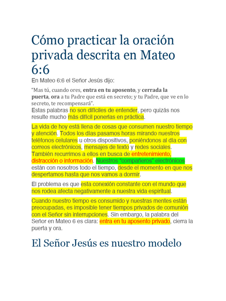 Cómo Practicar La Oración Privada Descrita en Mateo 6 | PDF | Oración ...