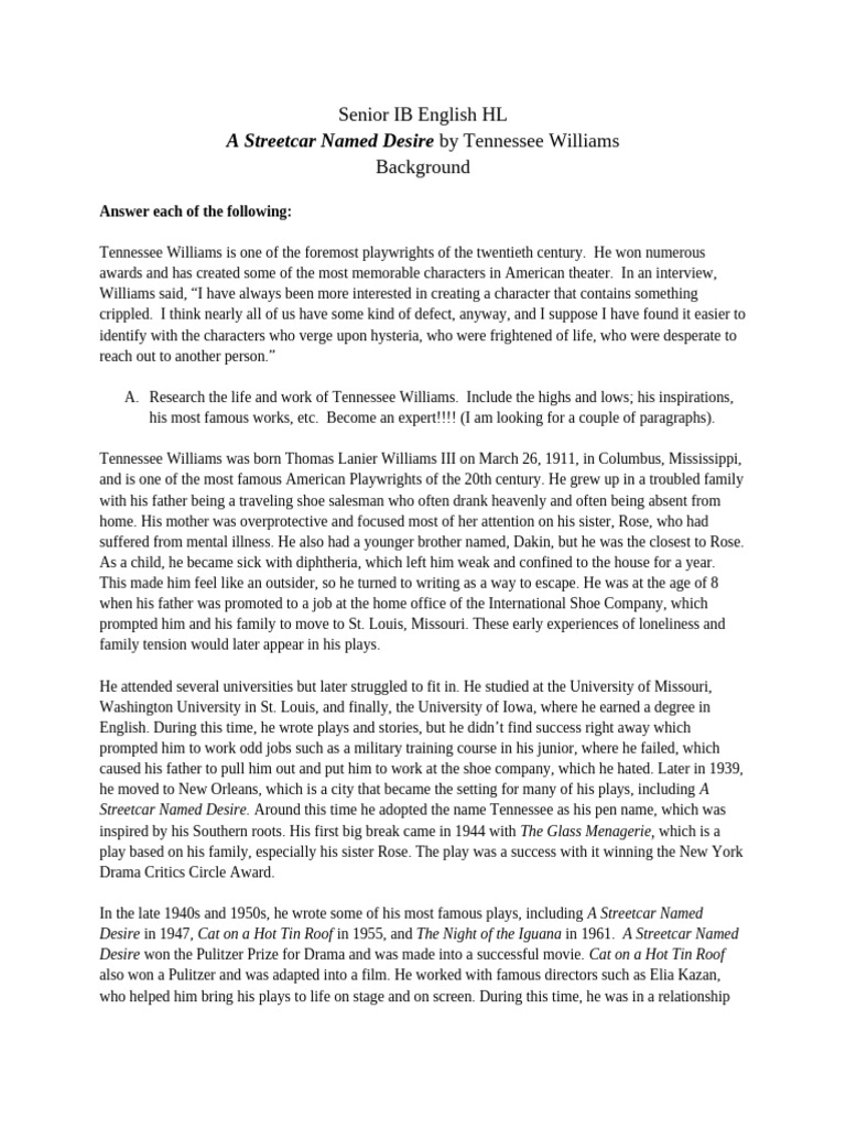 Tennessee Williams: Life & A Streetcar Named Desire | PDF