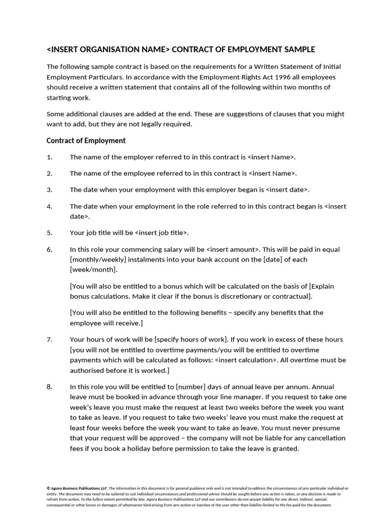 Contract of Employment (Sample) | PDF | Employment | Overtime