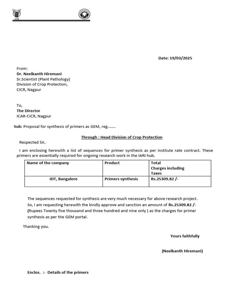 Primer Synthesis Proposal for Research | PDF | Dna | Life Sciences