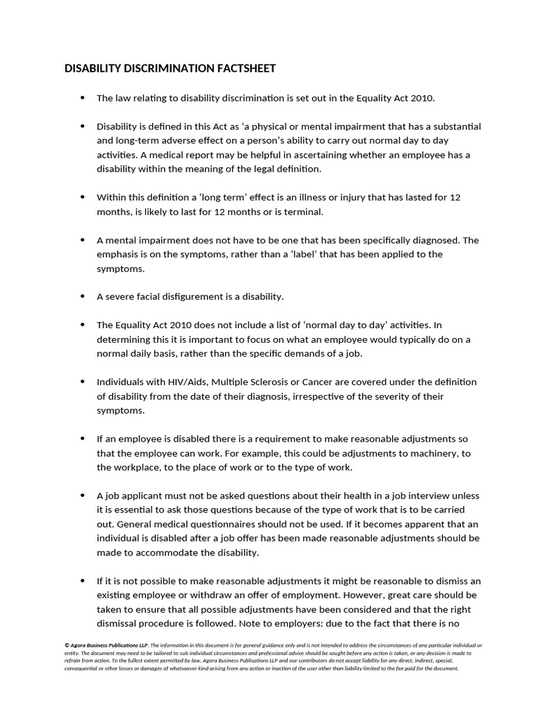 Disability Discrimination Factsheet | PDF | Disability | Employment