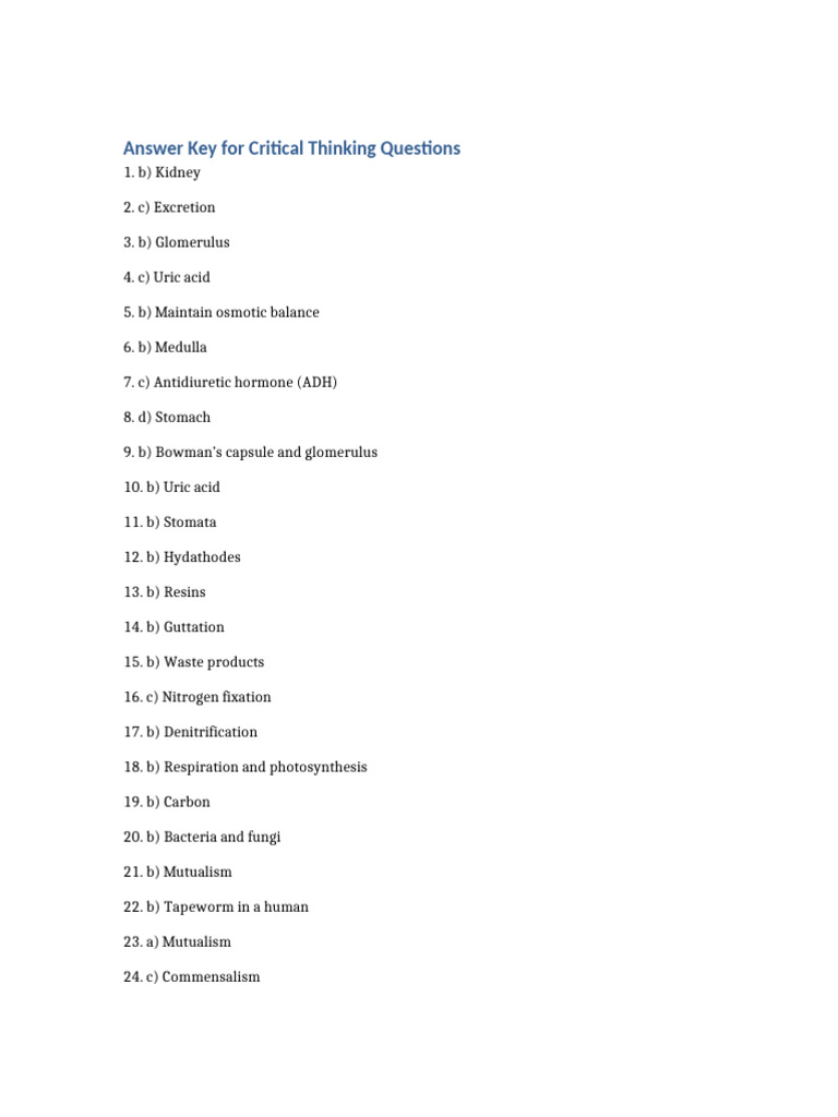 Critical Thinking Questions Answers | PDF