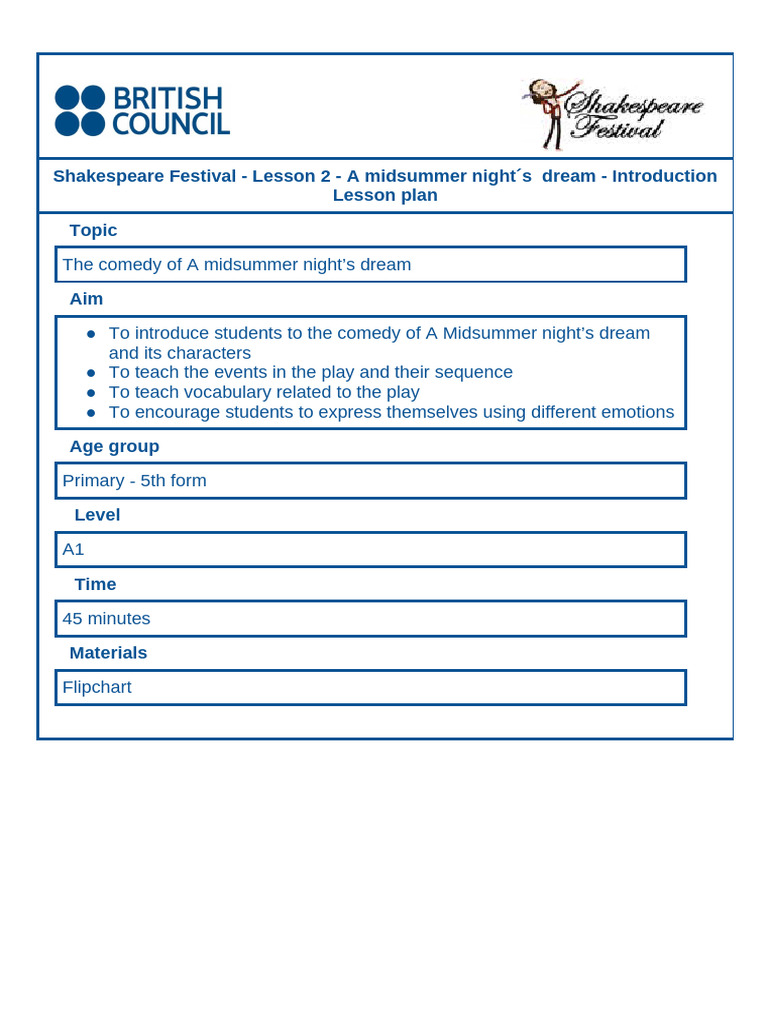 Lesson 2 - A Midsummer Night's Dream - Lesson Plan | PDF | Cognition ...