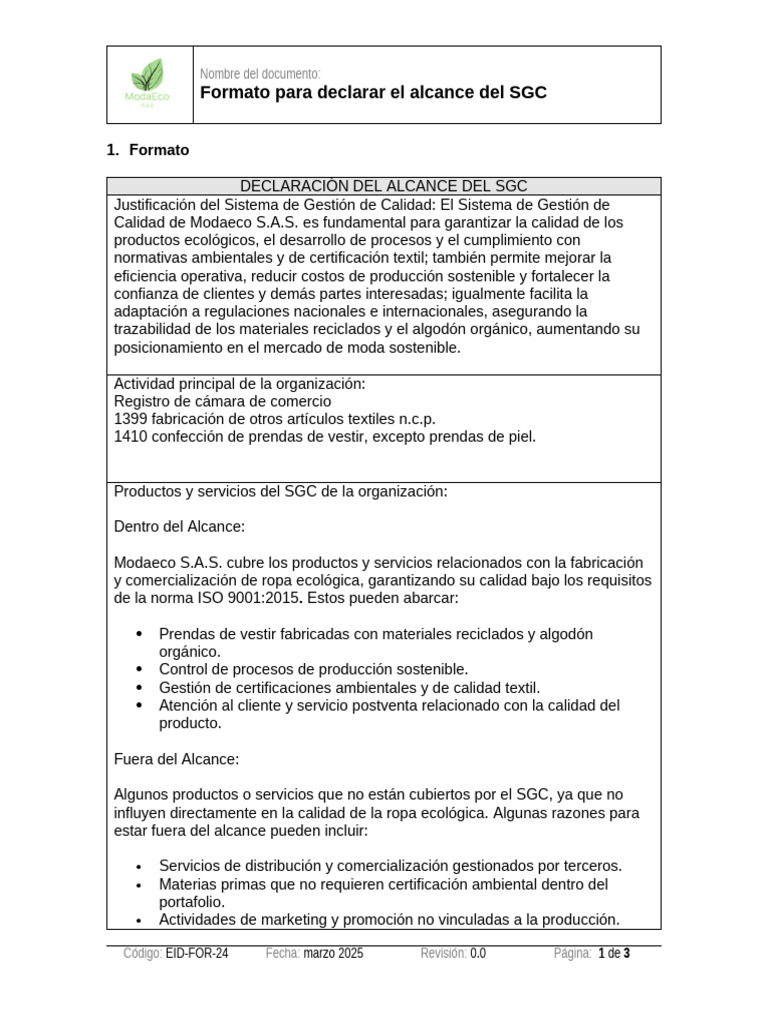 Alcance del SGC de Modaeco S.A.S. | PDF | Sustentabilidad | Calidad ...