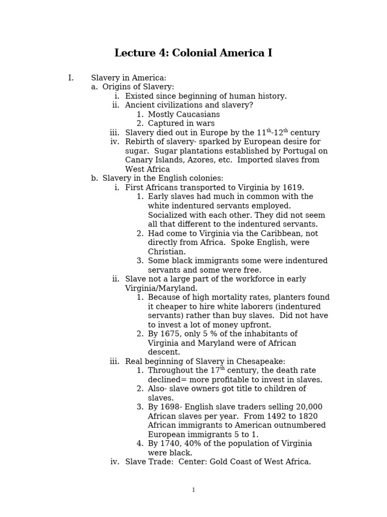 Lecture 4 - Colonial America I (01-23) - Outline | PDF | Atlantic Slave ...