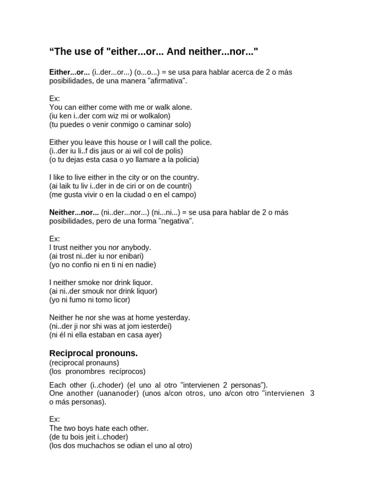 Uso de "either...or" y "neither...nor" en inglés | PDF