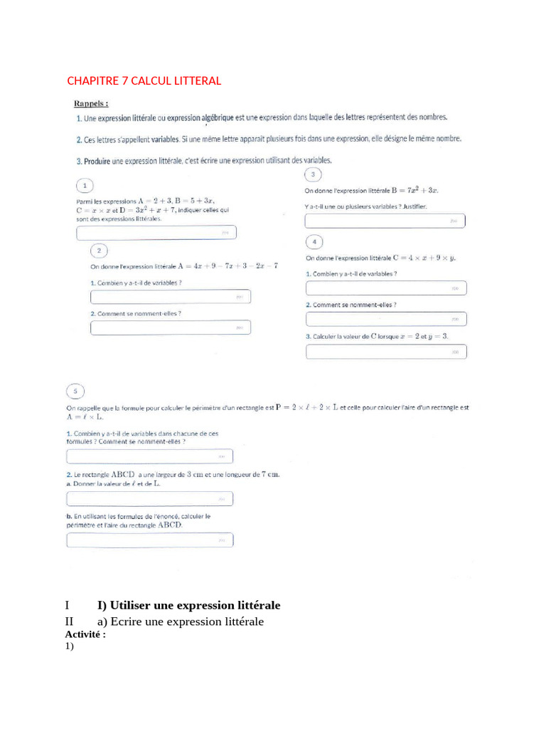 Chapitre 7 Calcul Litteral | PDF