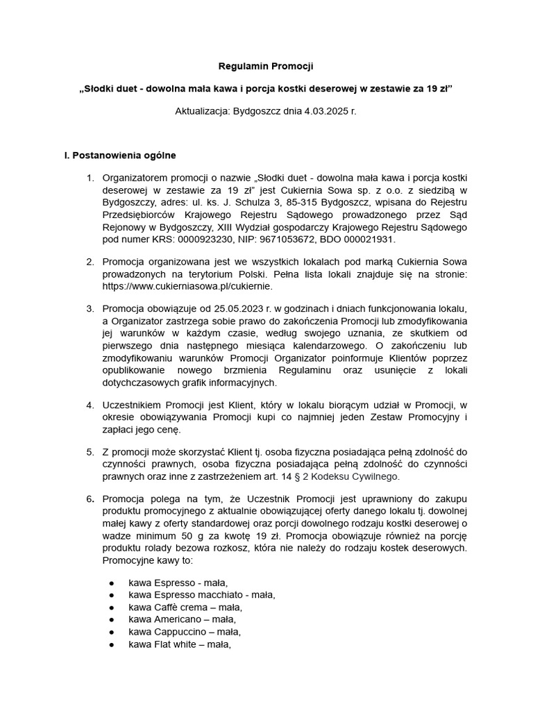 Cukiernia Sowa Regulaminy Slodki Duet Slony Duet 03 2025 | PDF