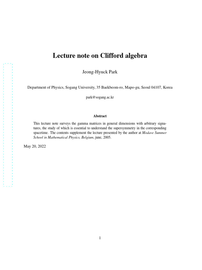 Lecture note on Clifford algebra - Park | PDF | Matrix (Mathematics ...