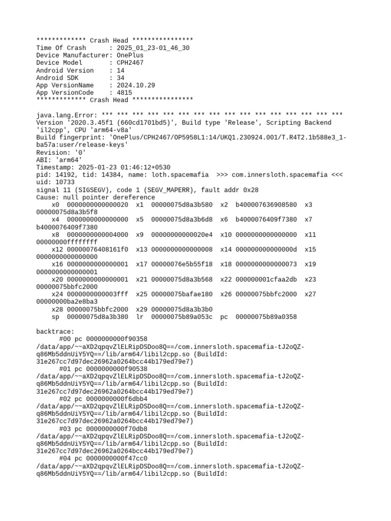 OnePlus Crash Report: Space Mafia App | PDF | Computing | Mobile Phones