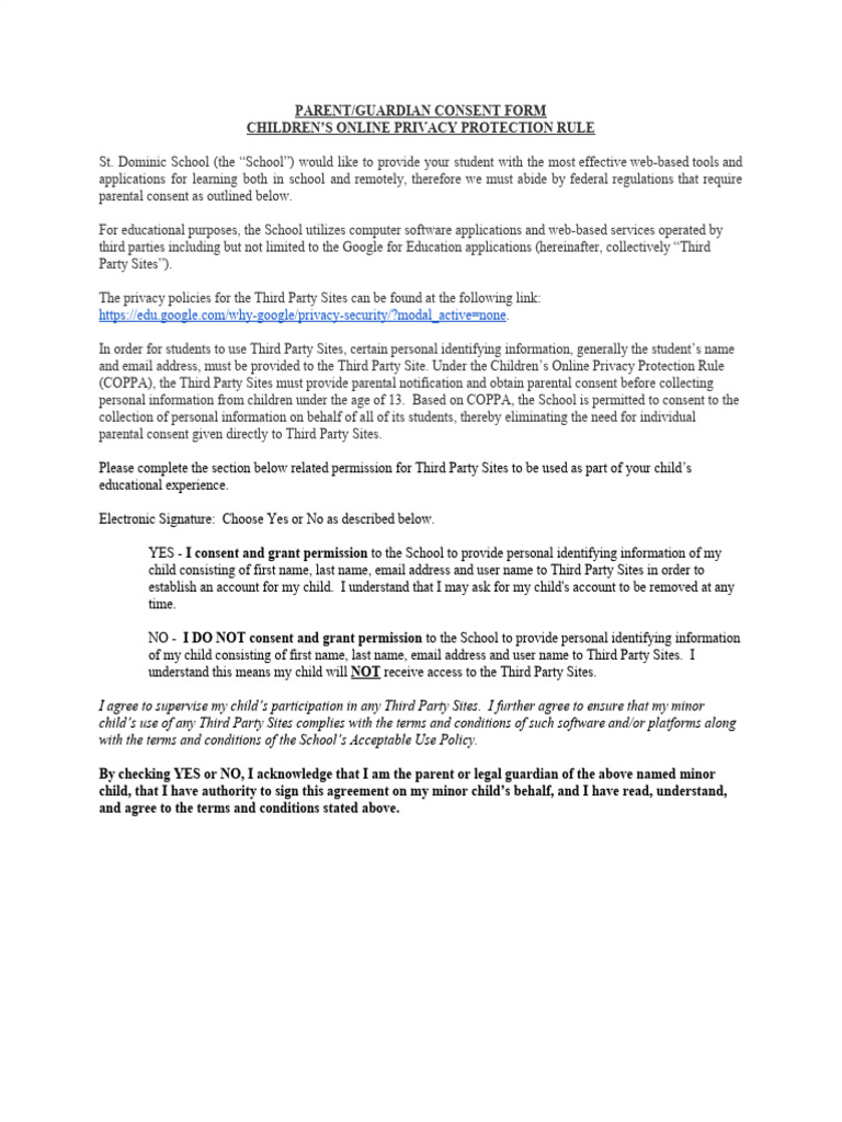 St. Dominic School COPPA Form | PDF | Internet Privacy | Consent
