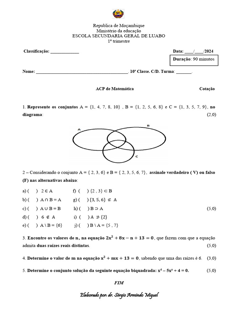 Exame de Matemática 10ª Classe 2024 | PDF