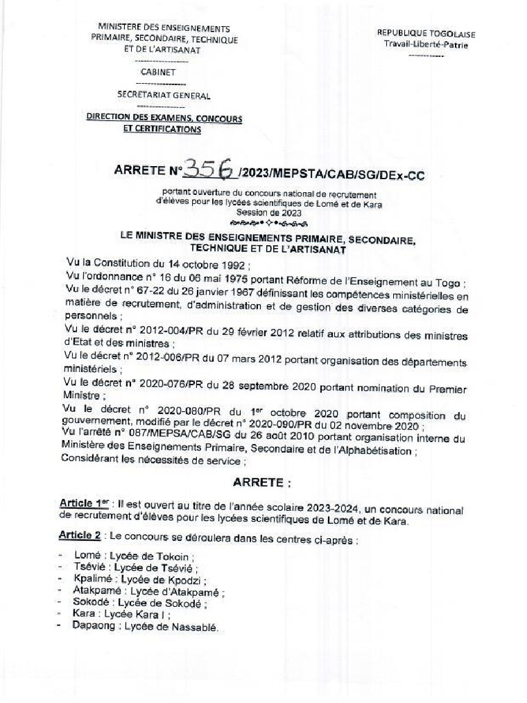 Arr. Ouverture Concours Lycee Scientifique 2023 | PDF