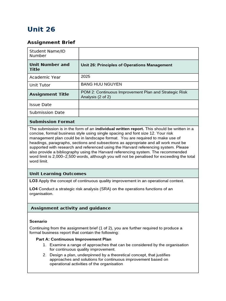 Unit 26 Principles of Operations Management Assignment Brief 2 - 2025 - Bang Nguyen | PDF | Risk ...